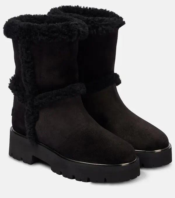 AQUAZZURA Teddi Shearling-trimmed Leather Booties - Black