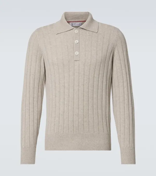 Brunello Cucinelli Ribbed Knit Cashmere Polo Sweater