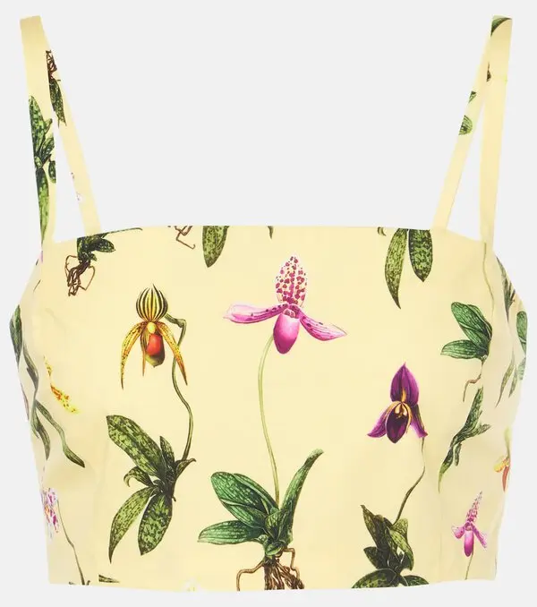Oscar De La Renta Floral Cotton-blend Poplin Crop Top - Yellow