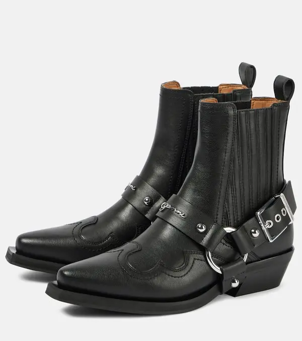 GANNI Embroidered Faux Leather Cowboy Boots - Black