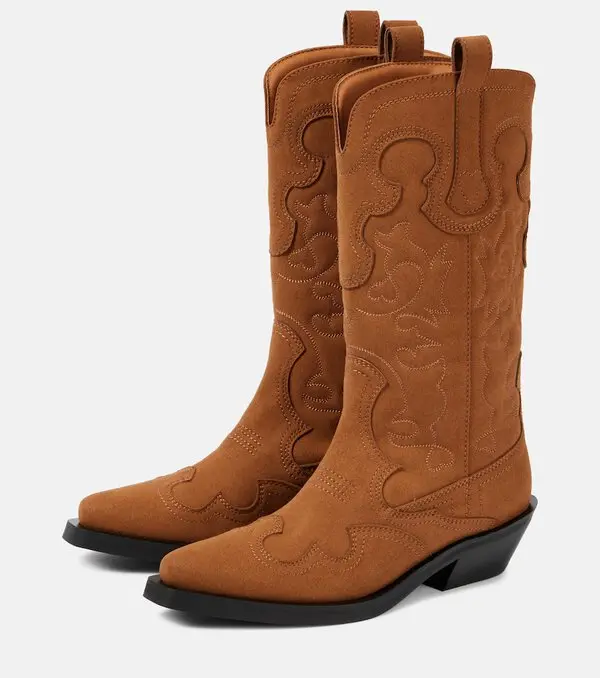 GANNI Embroidered Faux Leather Cowboy Boots - Brown