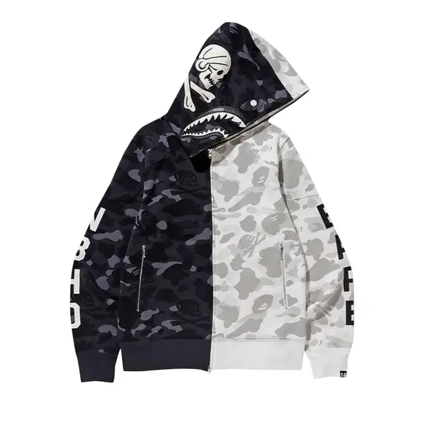 A BATHING APE X Neighborhood Split Camo Shark Full Zip Hoodie - Black