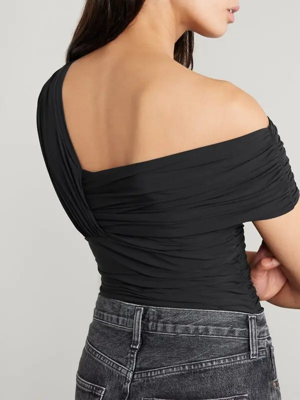 AGOLDE Etienne Off-the-shoulder Ruched Stretch-jersey Thong Bodysuit