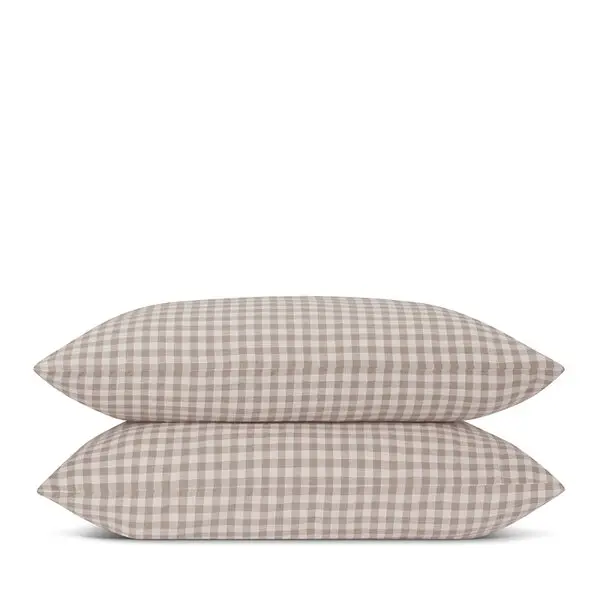 PIGLET IN BED Gingham Linen Blend Pillowcase Pair - Mushroom Gingham