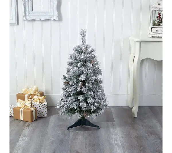 NEARLY NATURAL 3' Flocked White River Mountain Pine Tree - One-color