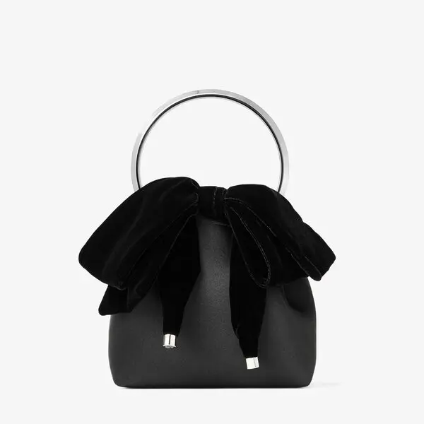 JIMMY CHOO Bon Bon Satin Bucket Bag With Velvet Bow - Black