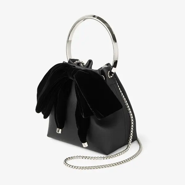 JIMMY CHOO Bon Bon Satin Bucket Bag With Velvet Bow - Black