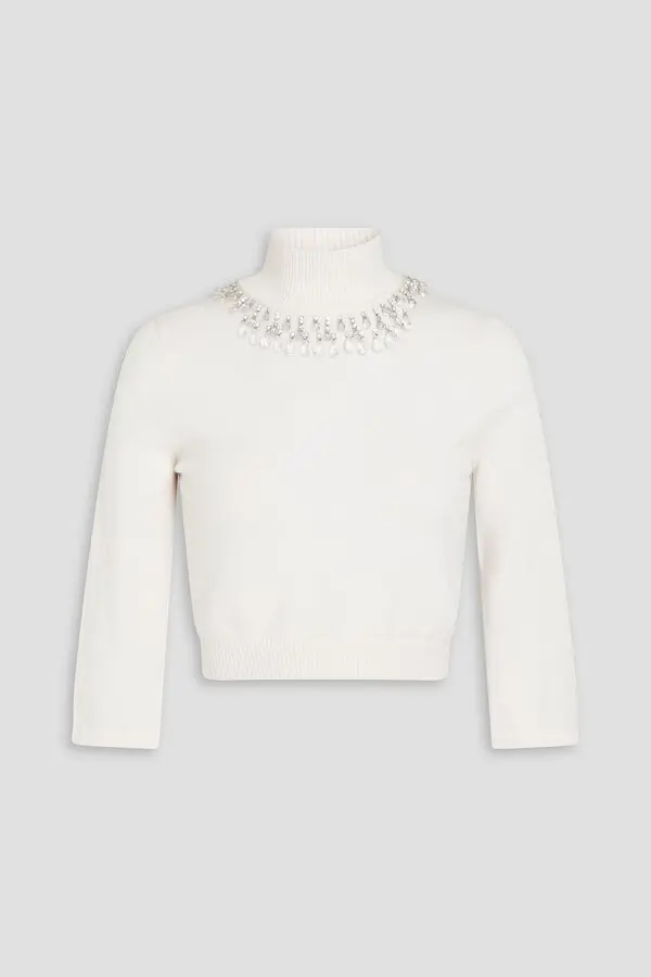 Zimmermann Cropped Crystal-embellished Wool Turtleneck Sweater - Off-white