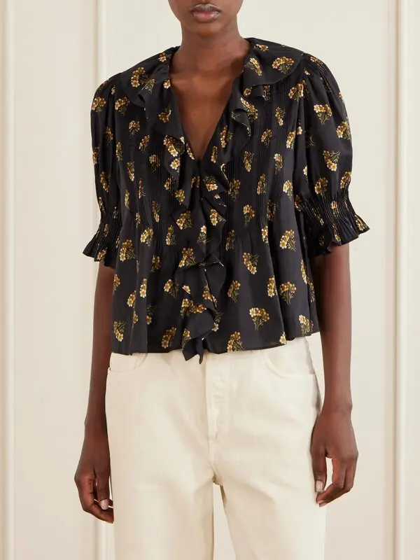 DÔEN Henri Ruffled Pintucked Floral-print Top