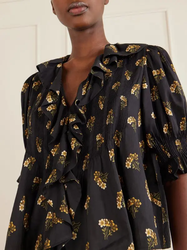DÔEN Henri Ruffled Pintucked Floral-print Top