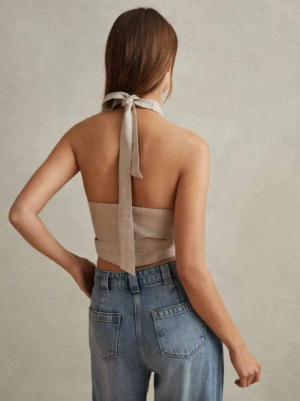 REISS Abigail Linen Halter Neck Crop Top