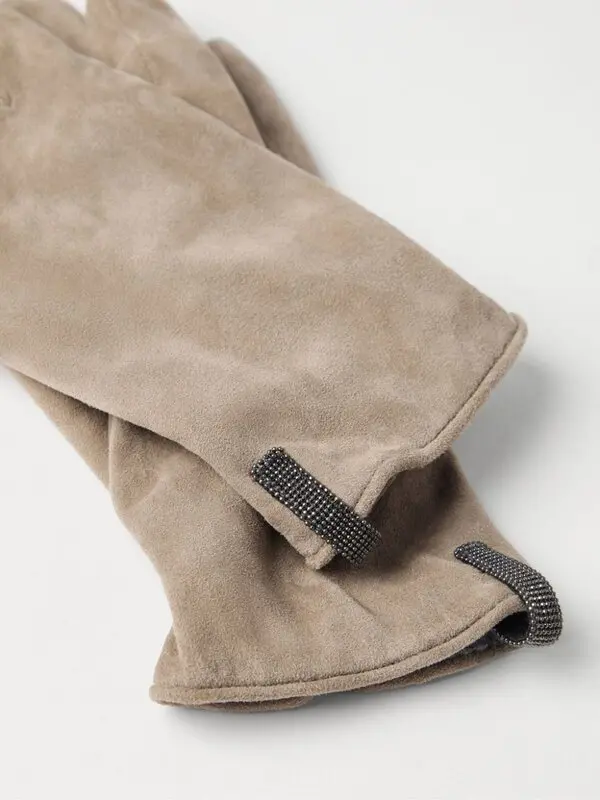 Brunello Cucinelli Suede Gloves With Monili Detail - Neutrals
