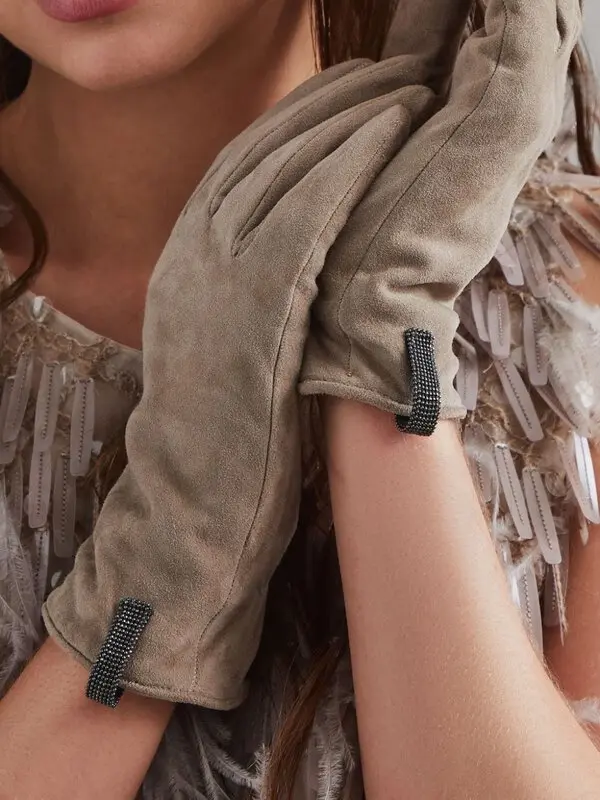 Brunello Cucinelli Suede Gloves With Monili Detail - Neutrals