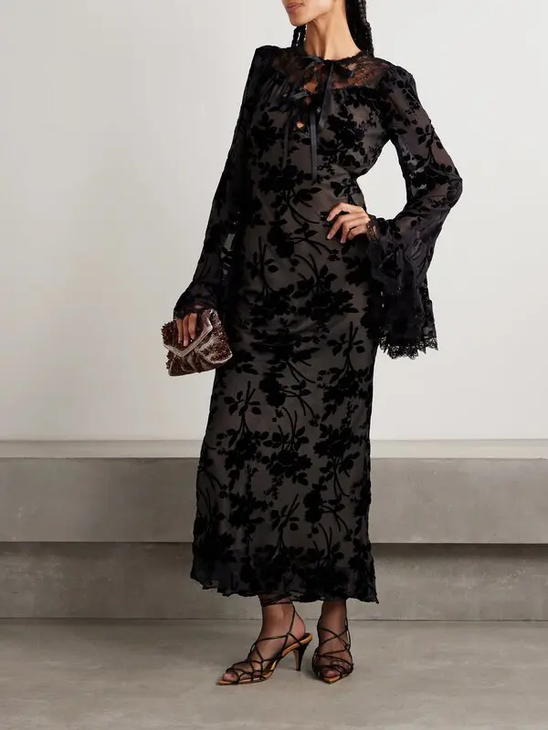 Rodarte Cotton-Blend Lace-Trimmed Devor-Chiffon Maxi Dress In Black - 60%  Off | Editorialist
