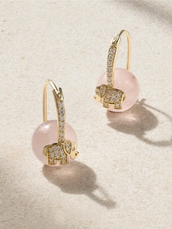 SYDNEY EVAN Elephant Rose Quartz And Diamond Earring - Pink
