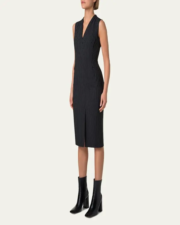 Akris V-Neck Pinstripe Sleeveless Dress - Black-Ecru | Editorialist