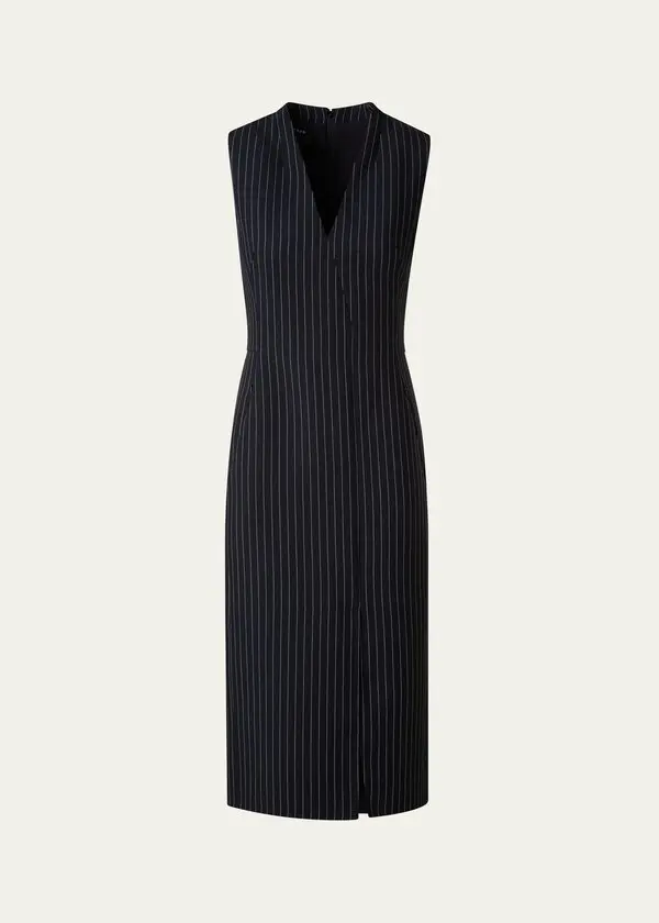 Akris V-Neck Pinstripe Sleeveless Dress - Black-Ecru | Editorialist