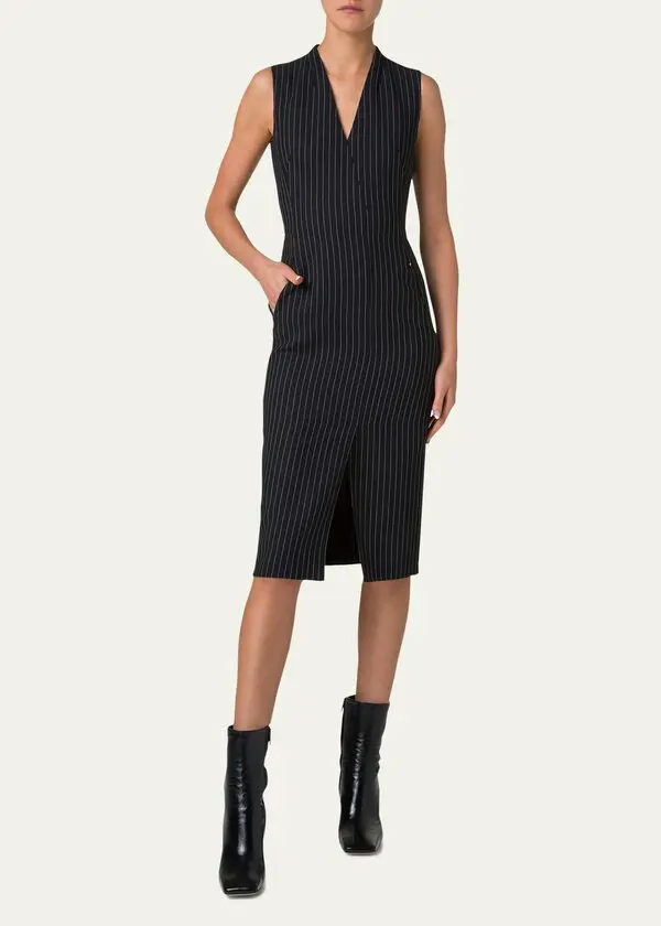 Akris V-Neck Pinstripe Sleeveless Dress - Black-Ecru | Editorialist