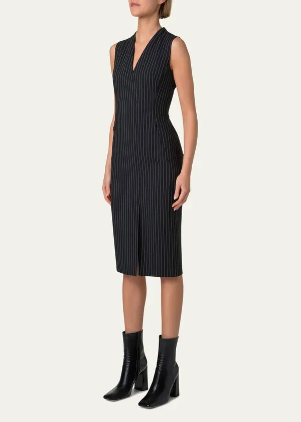 Akris V-Neck Pinstripe Sleeveless Dress - Black-Ecru | Editorialist