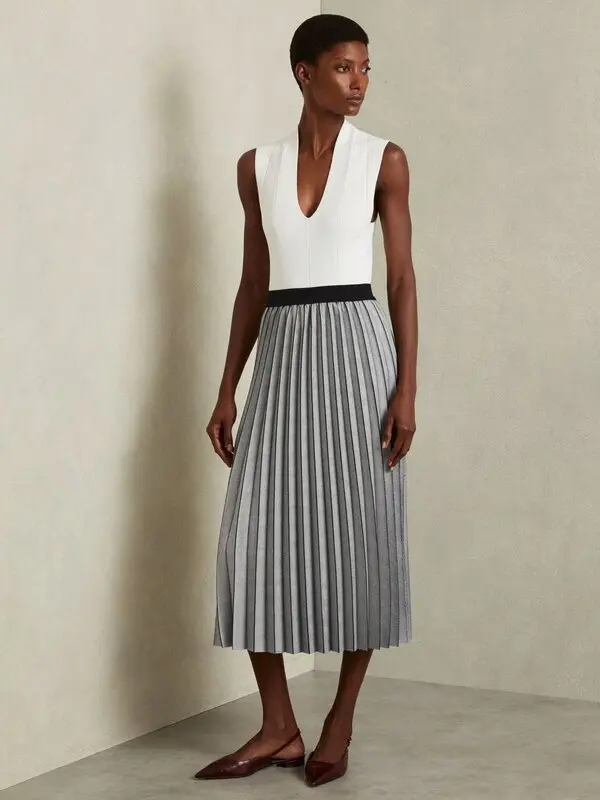 REISS Nova Checked Pleated Midi Skirt