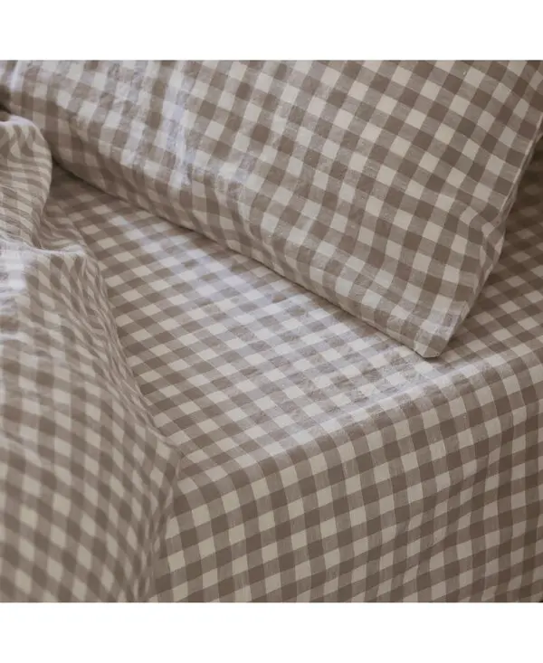 PIGLET IN BED Gingham Linen Fitted Sheet - Mushroom Gingham