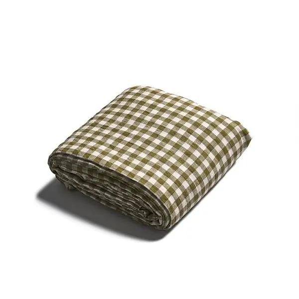 PIGLET IN BED Gingham Linen Blend Flat Sheet - Botanical Green Gingham
