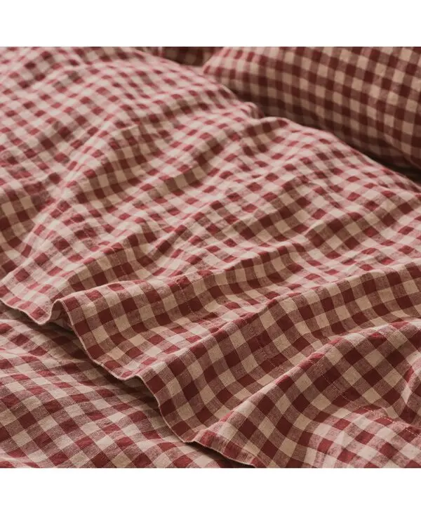 PIGLET IN BED Gingham Linen Blend Flat Sheet - Rhubarb/oatmeal