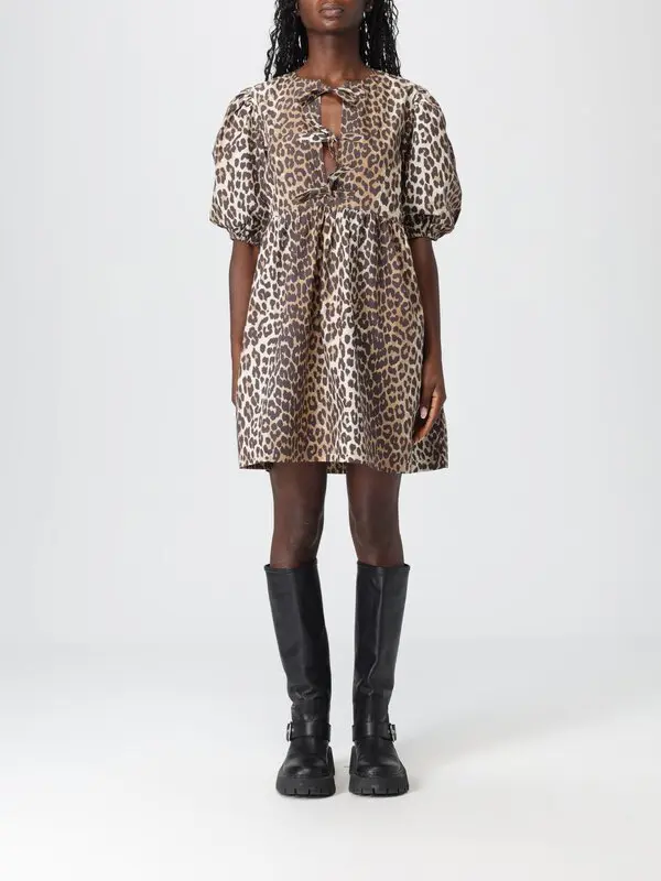 GANNI Leopard Print Puff Sleeve Dress - Brown
