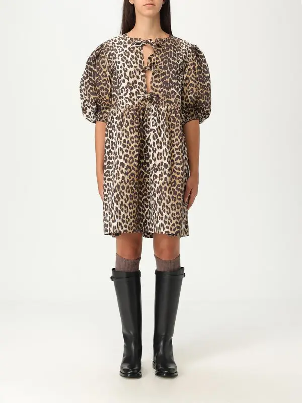 GANNI Leopard Print Puff Sleeve Dress - Brown
