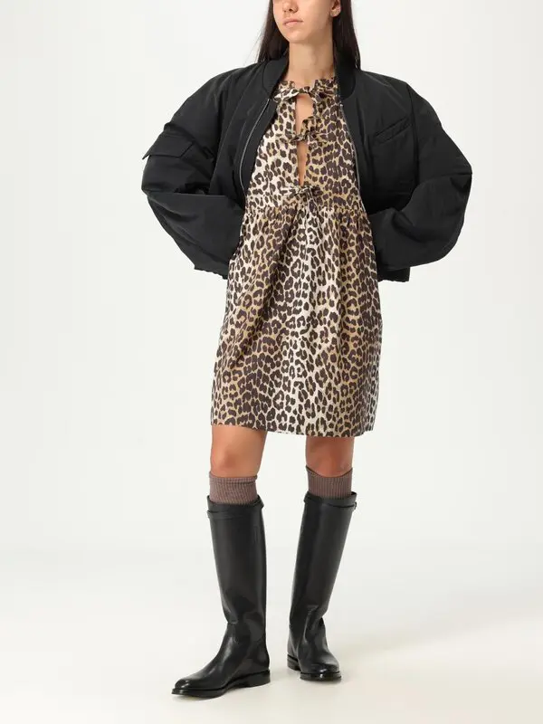 GANNI Leopard Print Puff Sleeve Dress - Brown