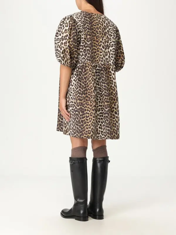 GANNI Leopard Print Puff Sleeve Dress - Brown