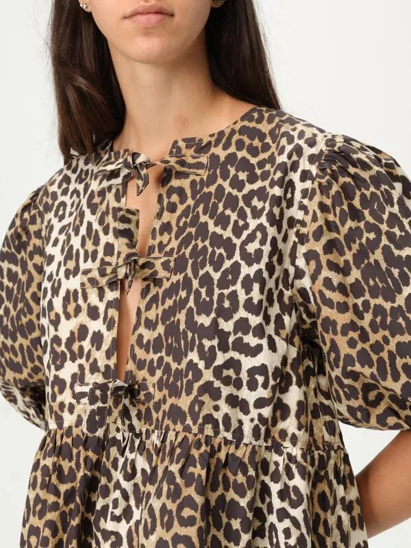 GANNI Leopard Print Puff Sleeve Dress - Brown