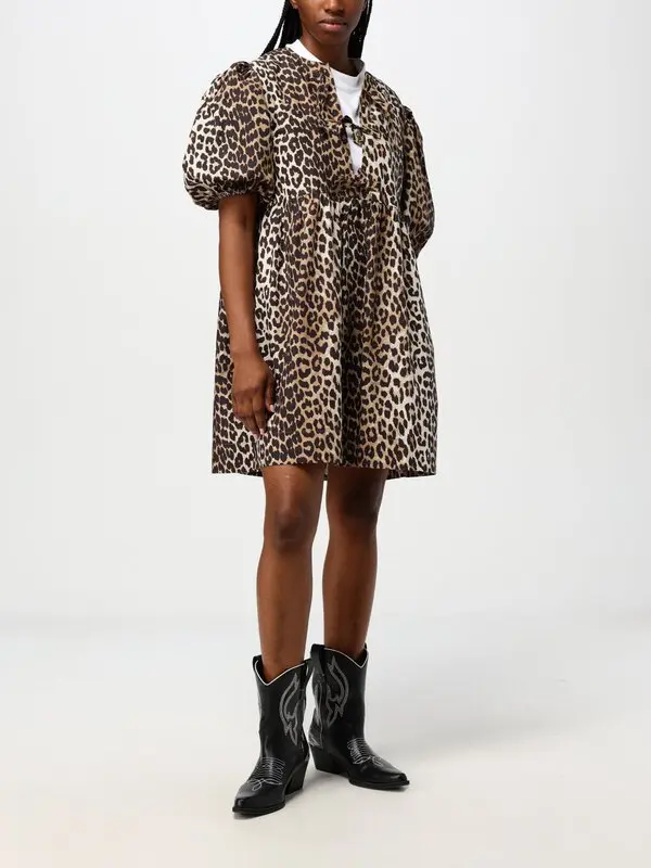 GANNI Leopard Print Puff Sleeve Dress - Multicolor