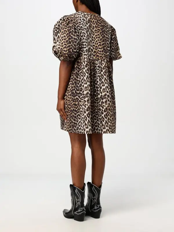 GANNI Leopard Print Puff Sleeve Dress - Multicolor