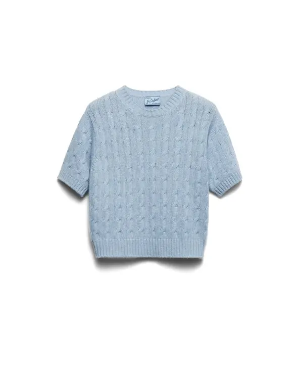 Prada Cable-knit Re-cashmere Short Sleeve Sweater - Light Blue