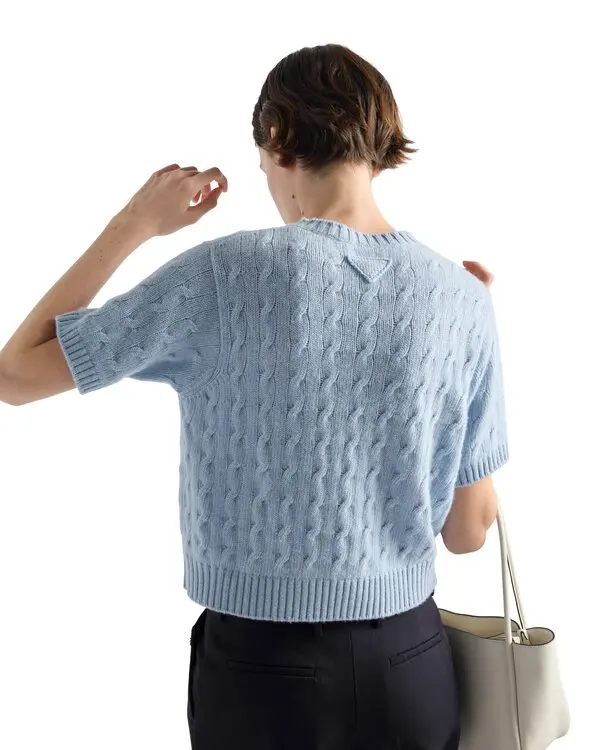 Prada Cable-knit Re-cashmere Short Sleeve Sweater - Light Blue