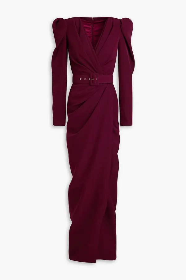 RHEA COSTA Wrap-effect Belted Gown