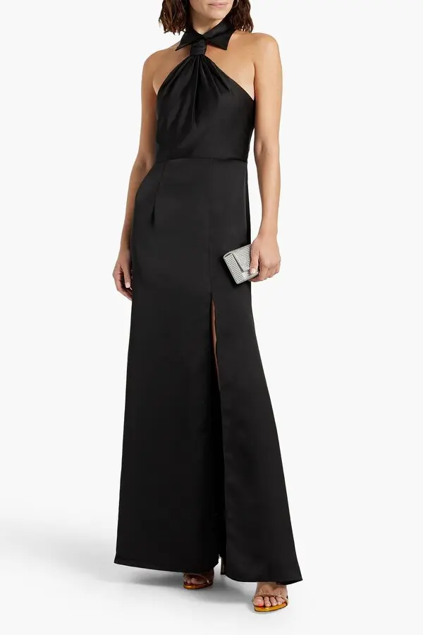 Halston Gemi Knotted Satin-crepe Halterneck Gown - Black