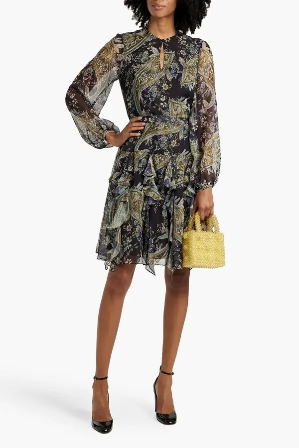 MIKAEL AGHAL Ruffled Printed Chiffon Dress