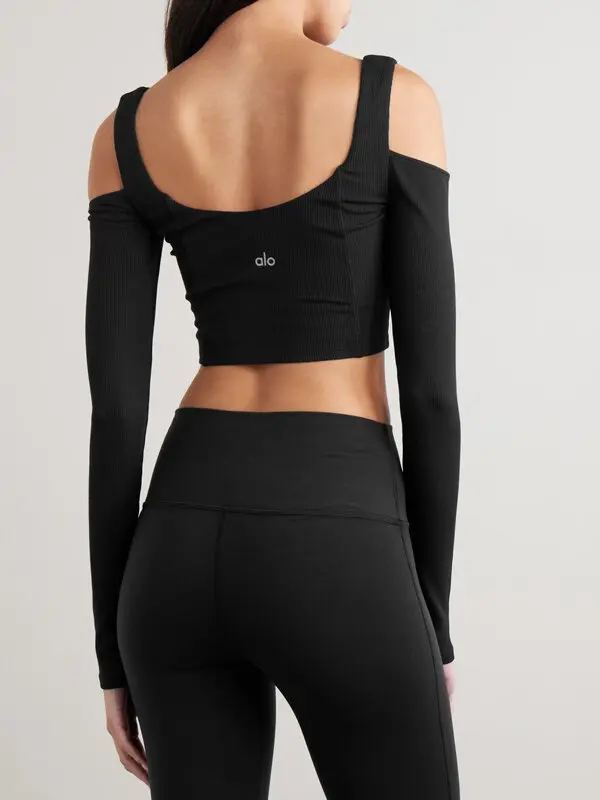 Alo Yoga Cold-Shoulder Cropped Ribbed Top In Black - 50% Off
