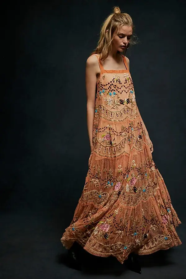 free people gold maxi dress Gold Beaded Halter Mermaid High Split Floor length Prom Dresses