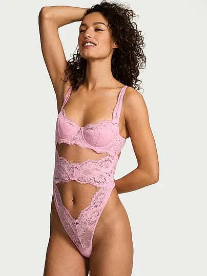 Victoria's Secret Dream Angels Dare To Lace Uplift Balconette Teddy - Pink
