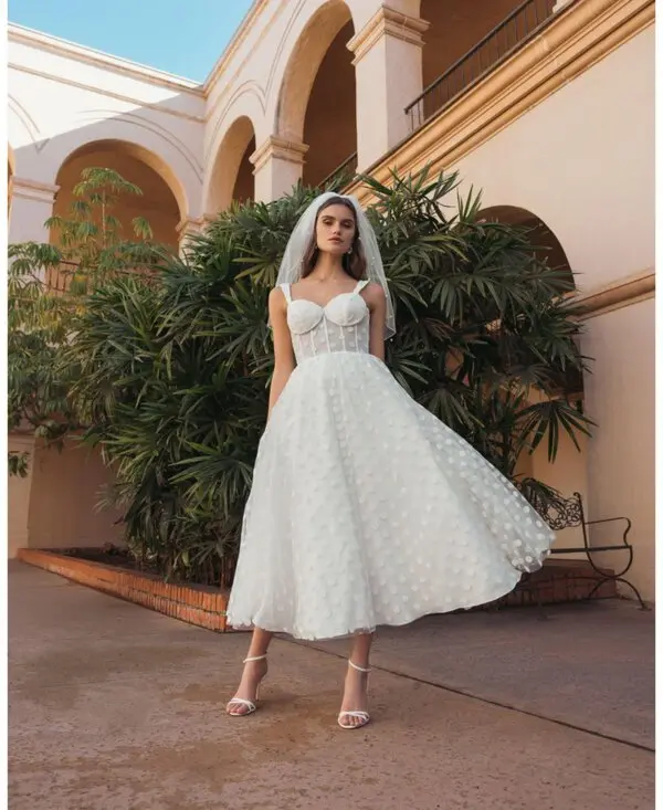 Mac Duggal Polka Dot Bustier A-line Midi Dress - Ivory