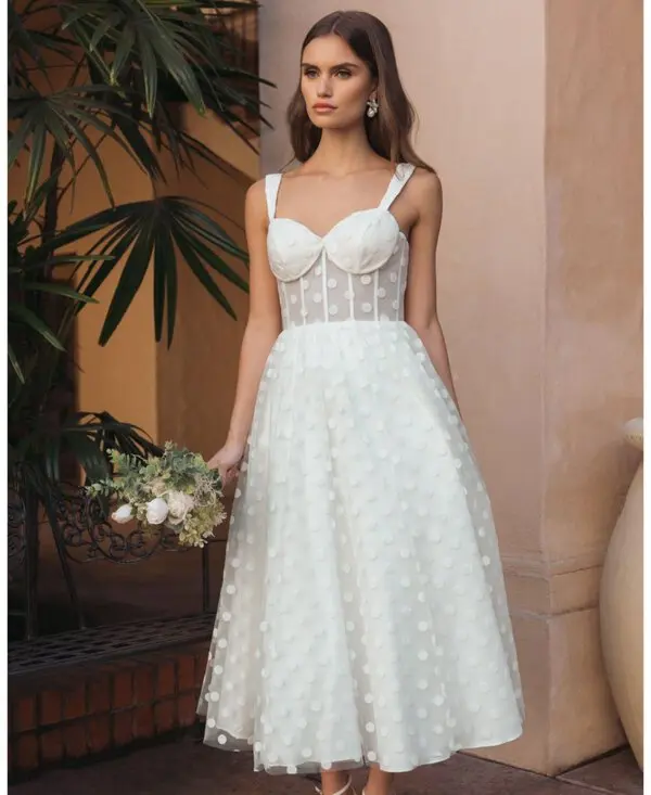 Mac Duggal Polka Dot Bustier A-line Midi Dress - Ivory