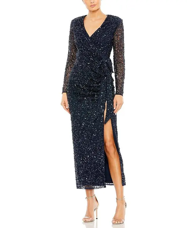 Mac Duggal Long Sleeve V-neck Sequined Gown With Slit
