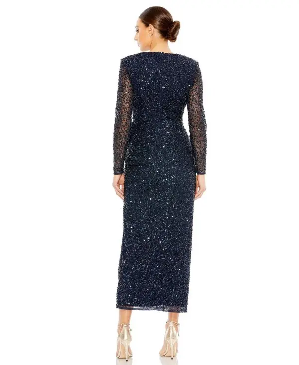 Mac Duggal Long Sleeve V-neck Sequined Gown With Slit