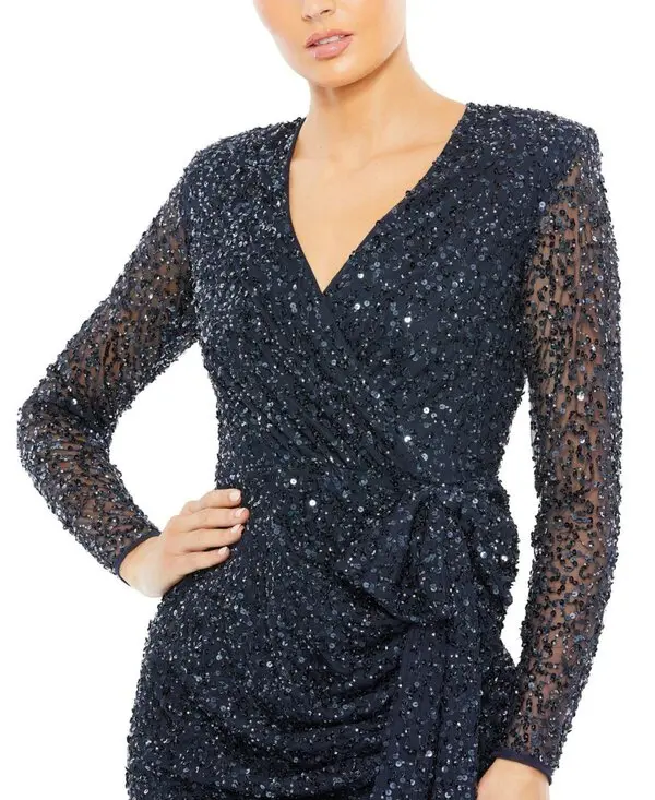 Mac Duggal Long Sleeve V-neck Sequined Gown With Slit