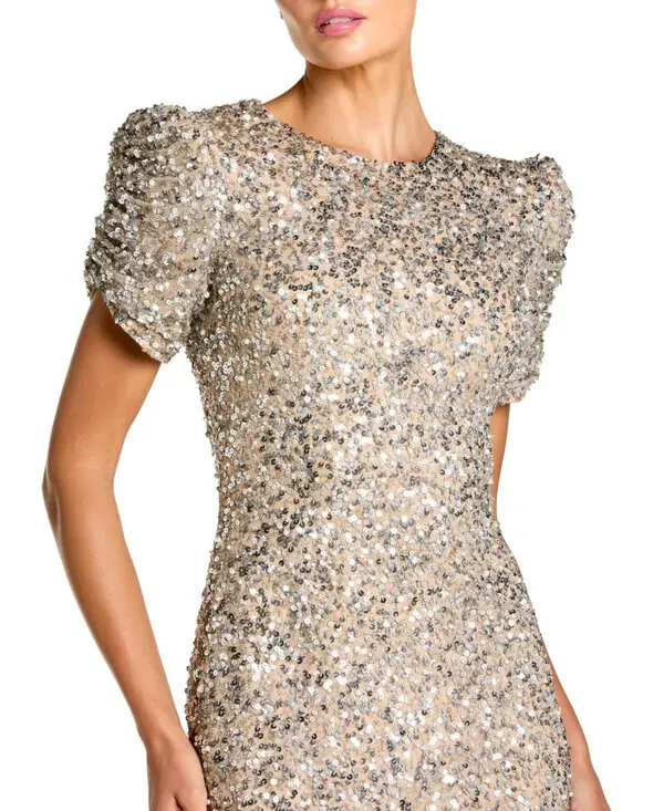Mac Duggal Gathered Short Sleeve Beaded Gown - Nude Silver