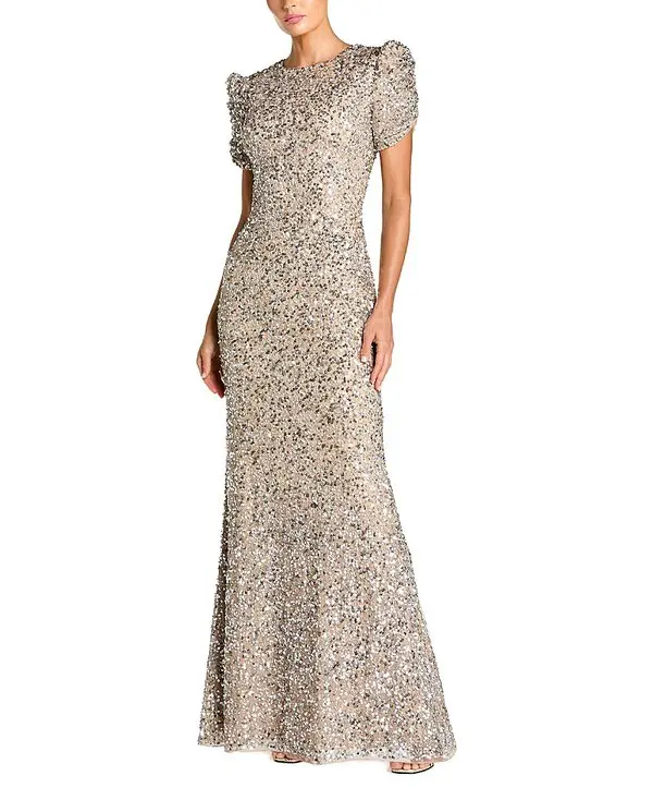 Mac Duggal Short Sleeve Embellished Gown - Nude Silver
