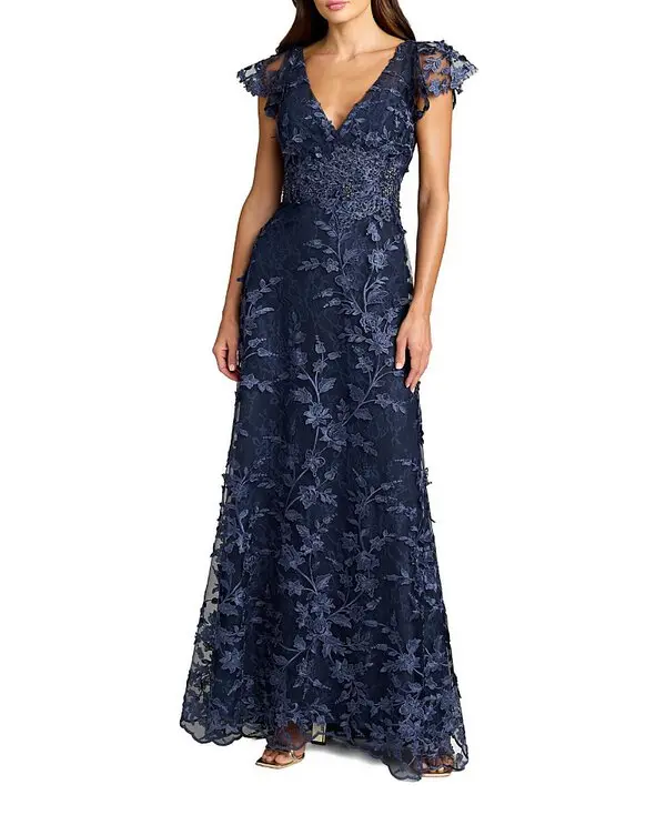 Mac Duggal Embroidered Applique Flutter Sleeve Gown - Midnight